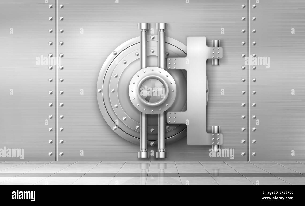 Bank safe and vault door, metal steel round gate mechanism in empty ...