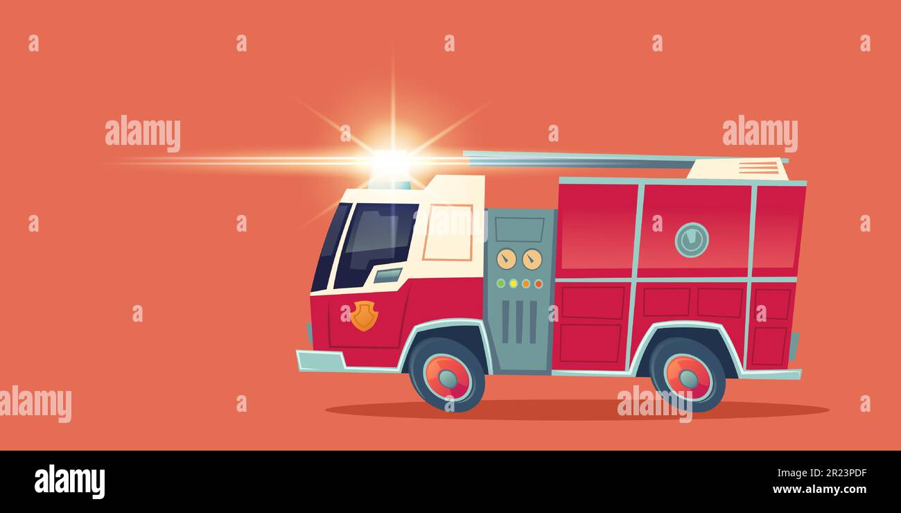 Red fire engine, emergency rescue truck with ladder and flasher siren ...