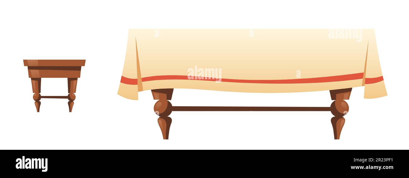 Wooden stool and table with linen cloth isolated on white background ...