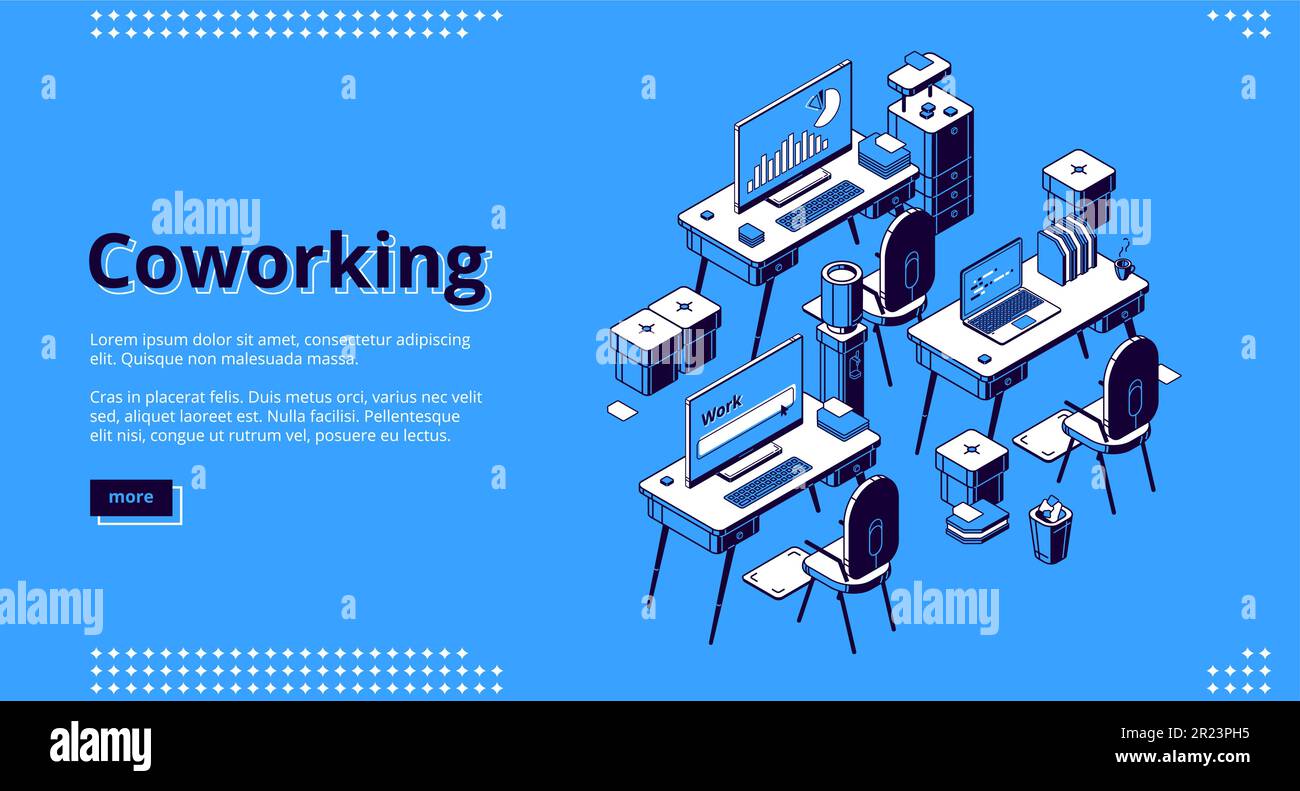 Coworking space isometric landing page. Empty office business center ...