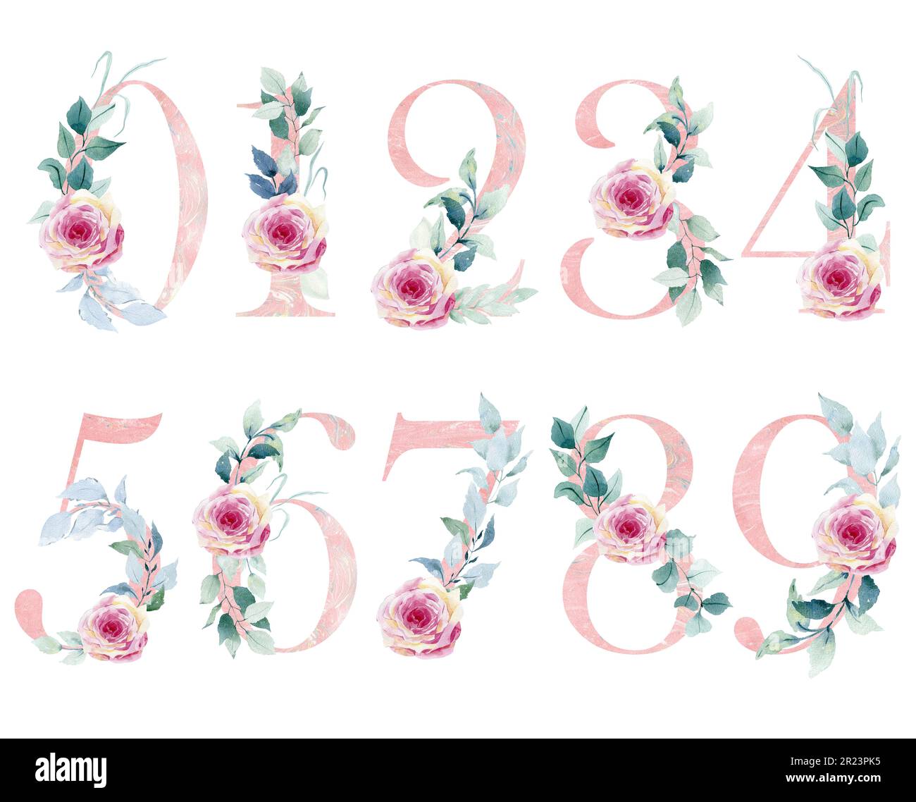 Watercolor floral numbers Stock Photo - Alamy