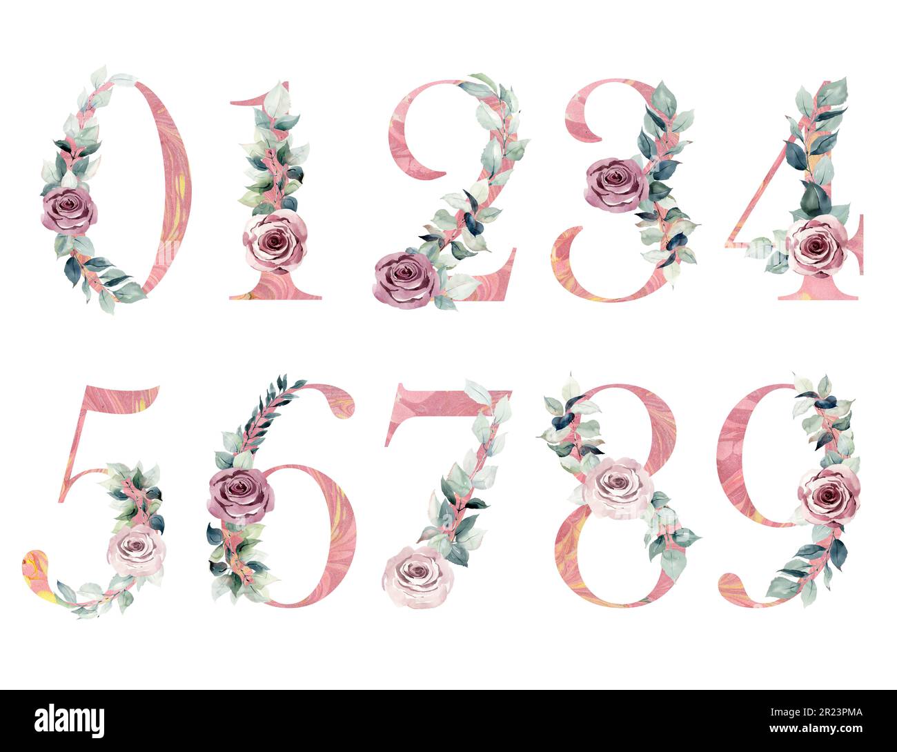 Watercolor floral numbers Stock Photo - Alamy