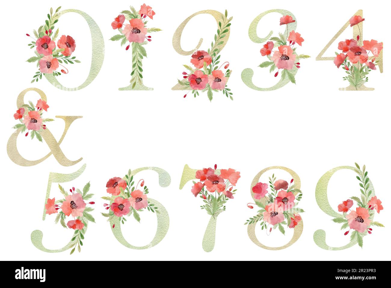 Watercolor floral numbers Stock Photo - Alamy
