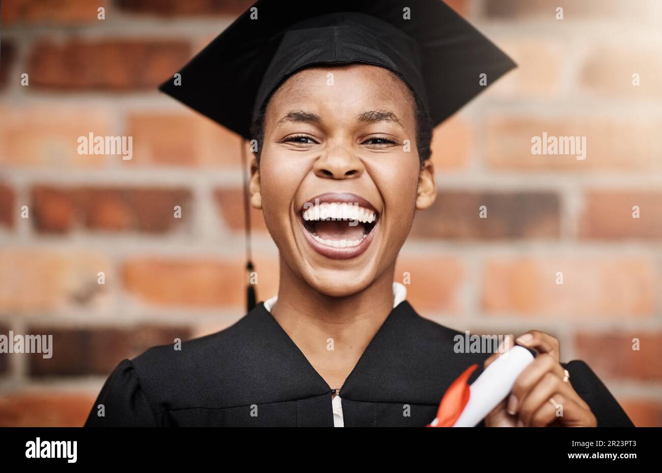 Graduation, black woman and portrait of a college student laughing with ...