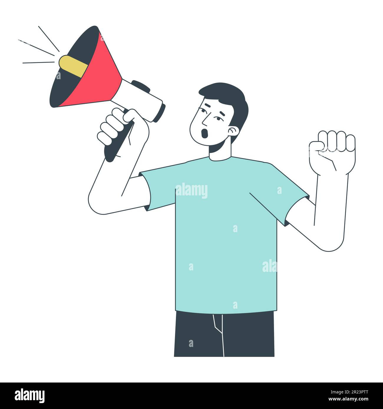 Asian young man shouting megaphone flat line color vector character ...
