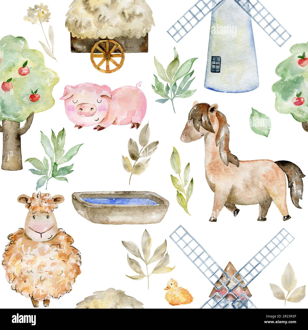 Watercolor farm pattern Stock Photo - Alamy