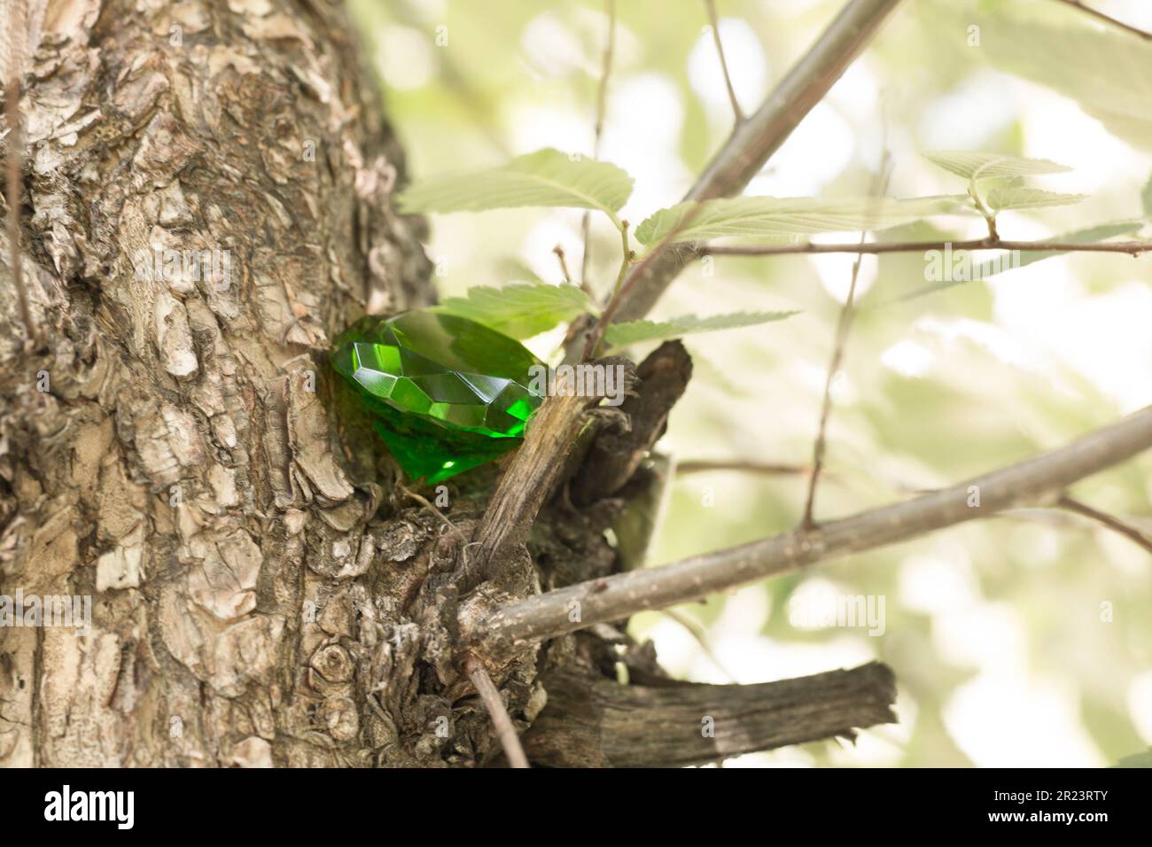 Glittering green magical crystal emerald in forest, diamond Stock Photo ...