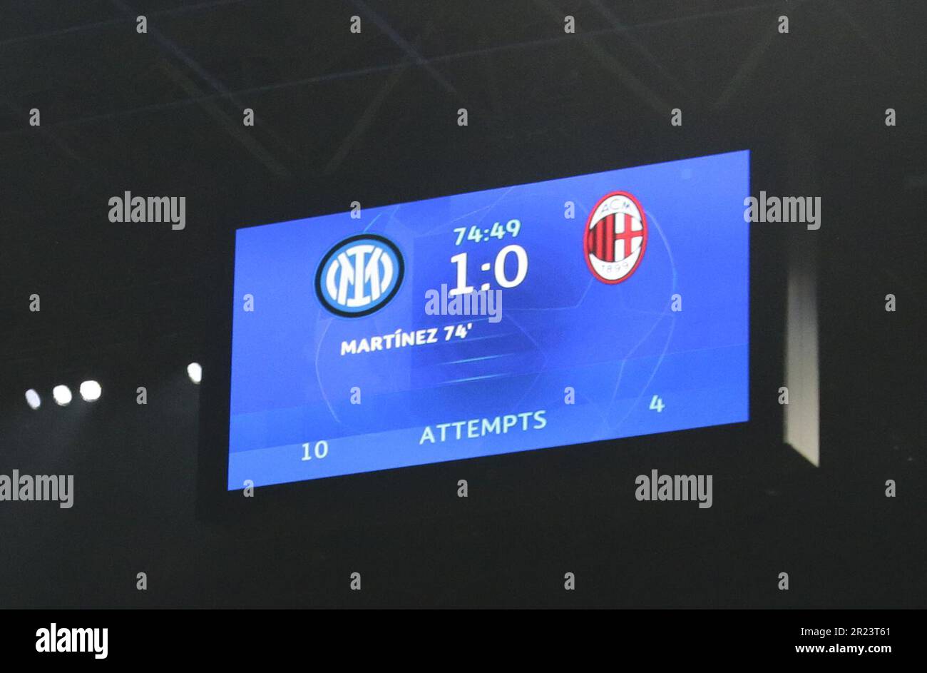 Milan, Italy. 16th May, 2023. Scoreboard during the Uefa Champions ...