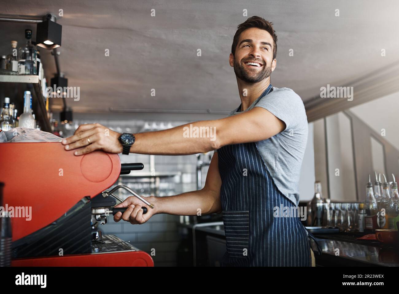 Happy man cafe, coffee machine and barista, prepare caffeine drink with ...