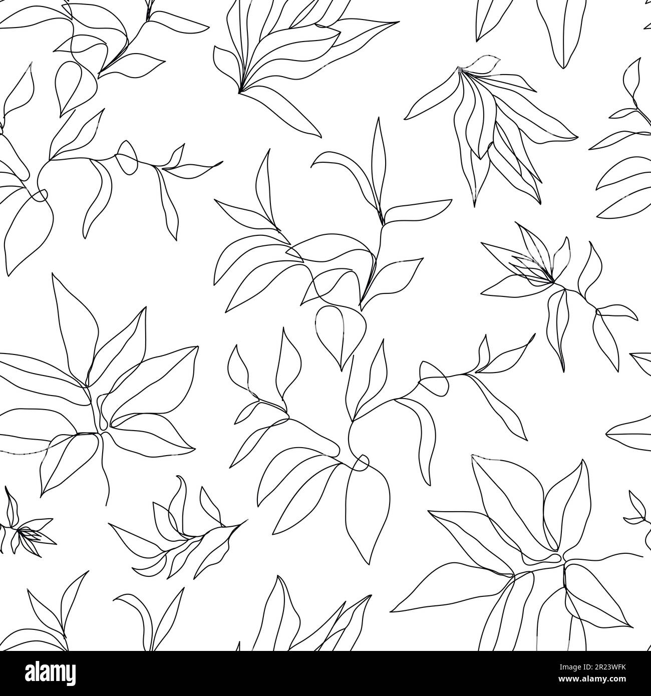 Vector floral linear seamless background, plants and leaves. One ...