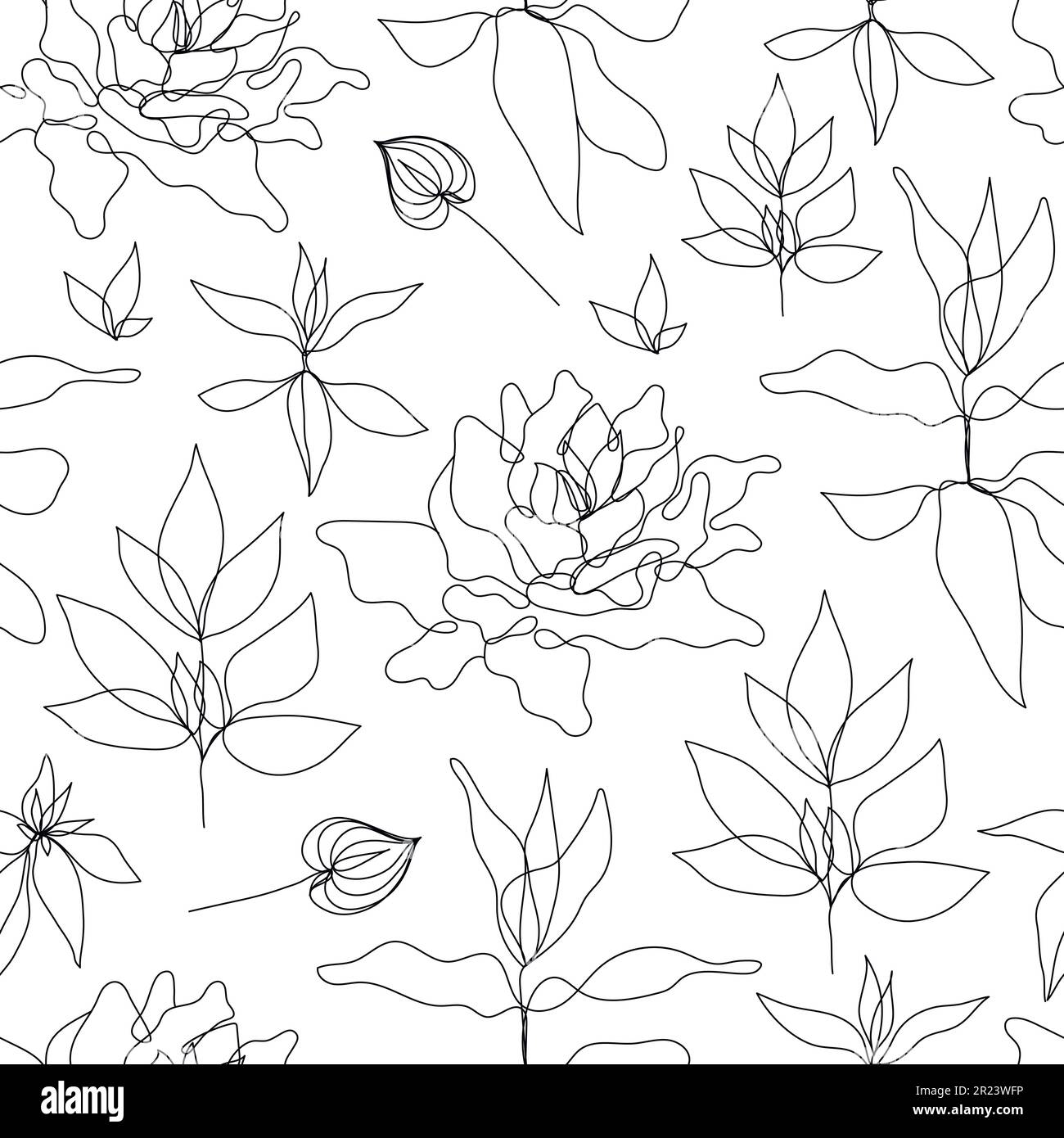 Vector floral linear seamless background, plants and leaves. One ...
