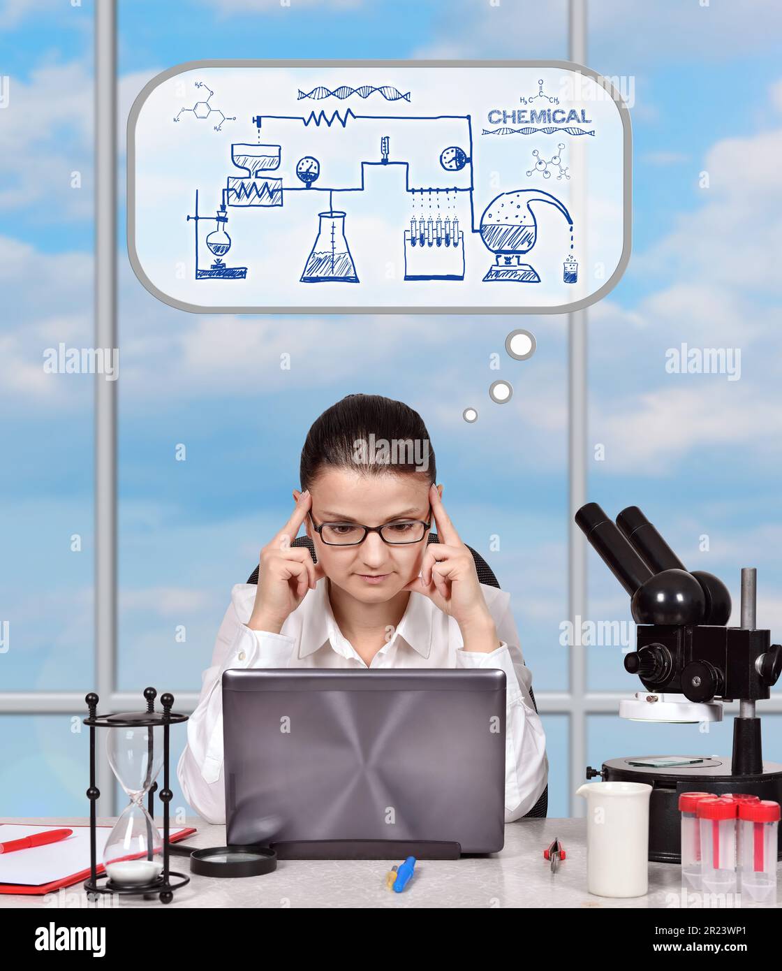 scientific researcher woman thinking about creating new medicament ...