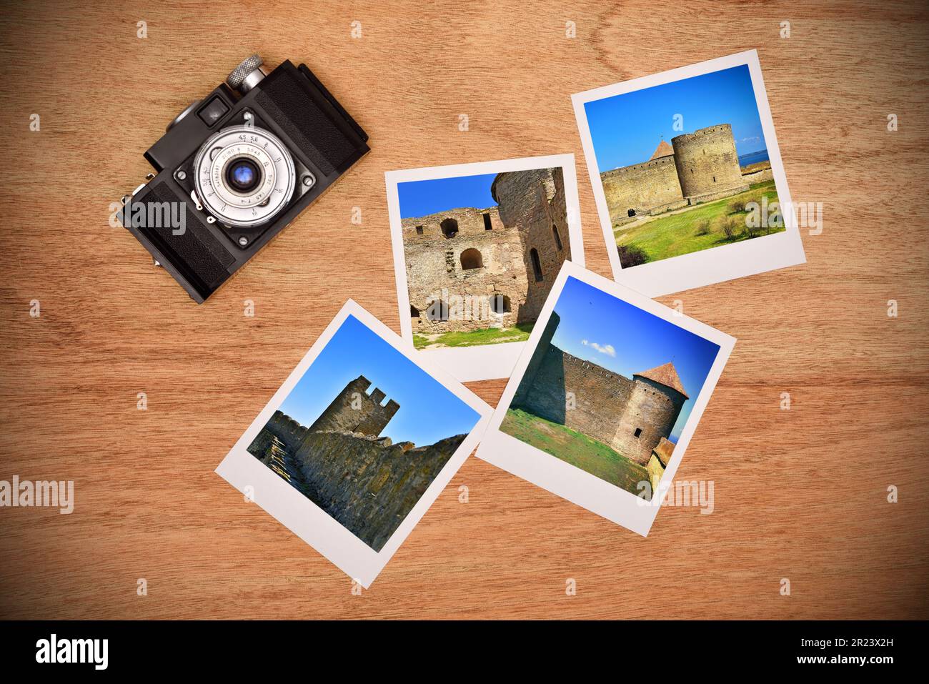 Vintage camera and four photos with medieval castle Stock Photo - Alamy