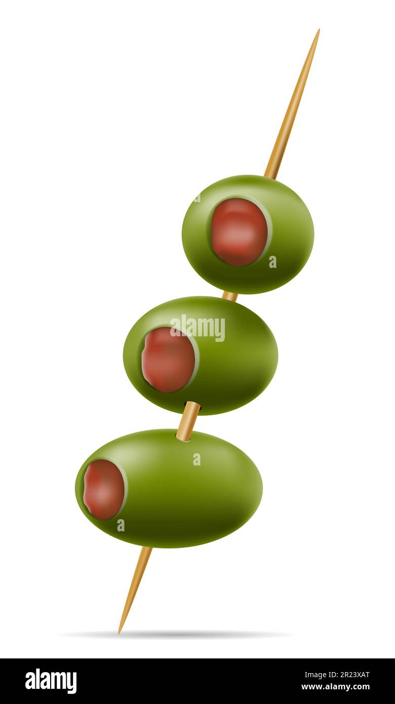 Green Olives On A Cocktail Skewer For Martini Vector Illustration Isolated On White Background