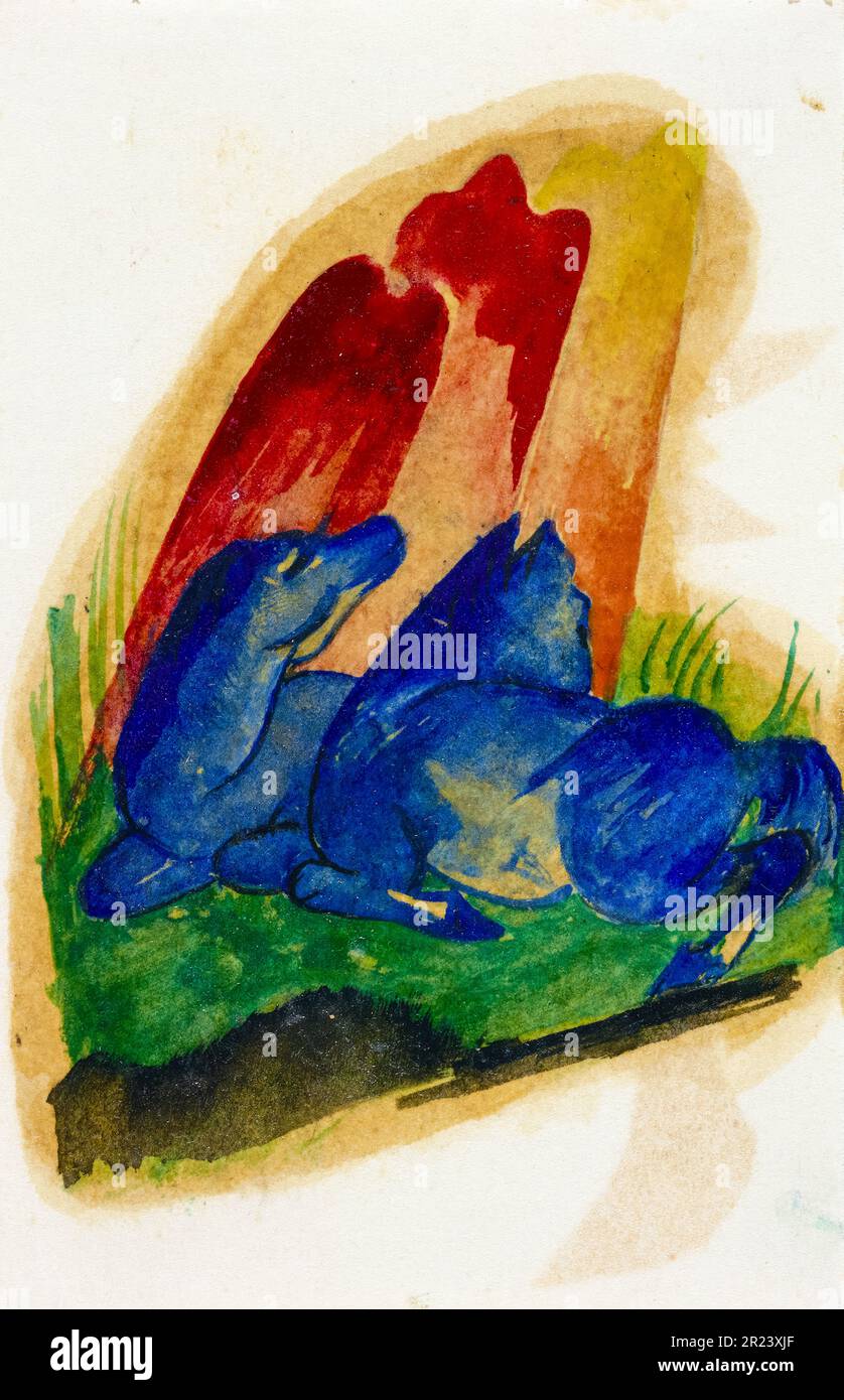 Franz Marc, Two blue horses in front of a red rock, abstract painting ...