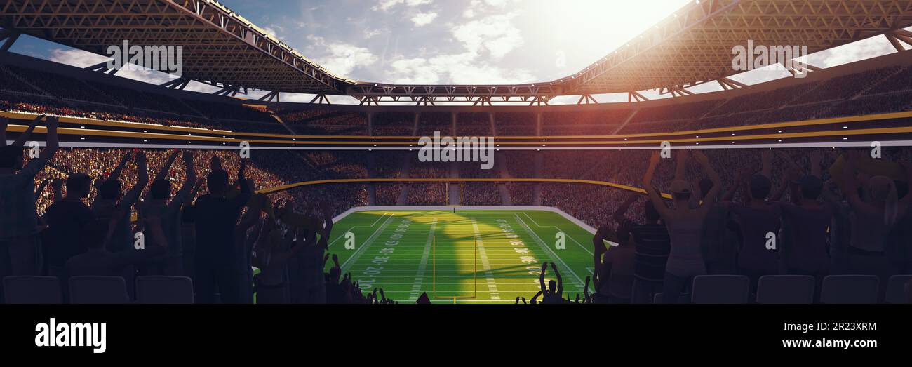 American football stadium with yellow goal post, grass field and ...