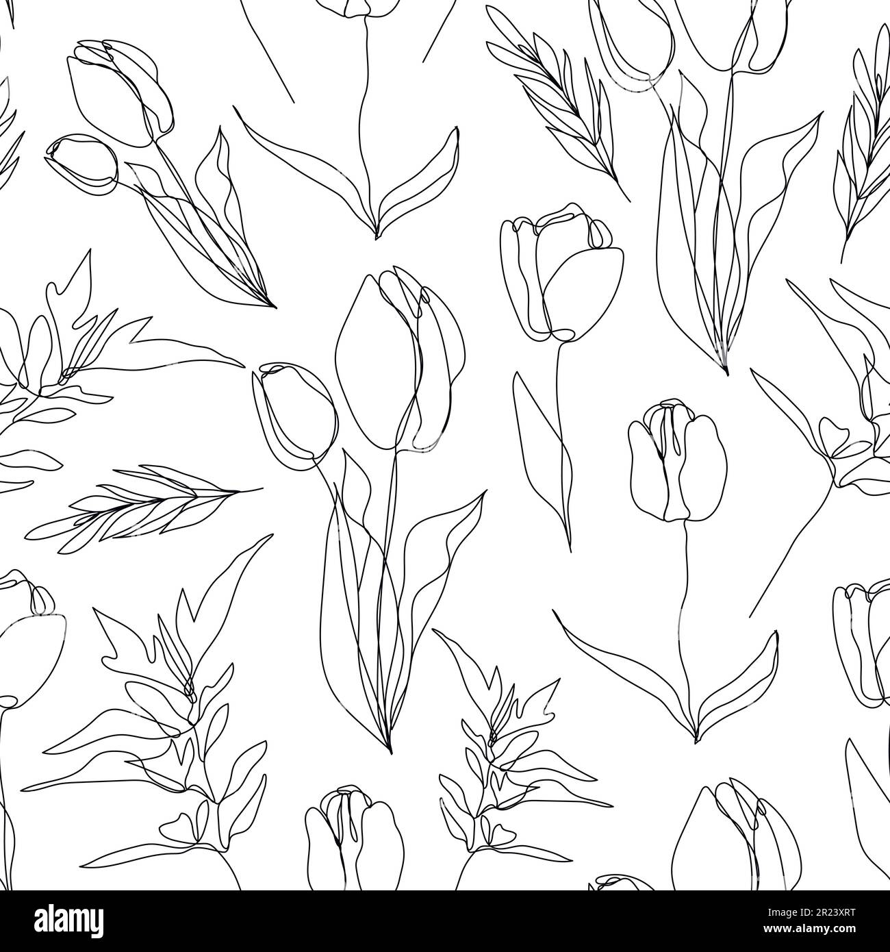 Vector flower linear seamless background, tulips and leaves. One ...