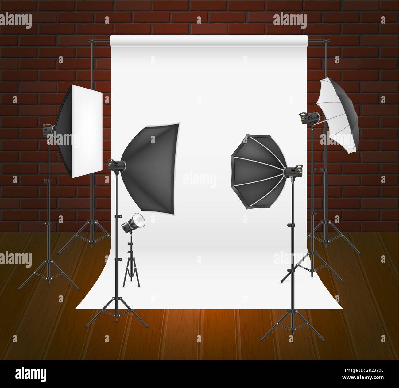 backdrop in photo studio with flashes and softboxes on tripods indoors ...