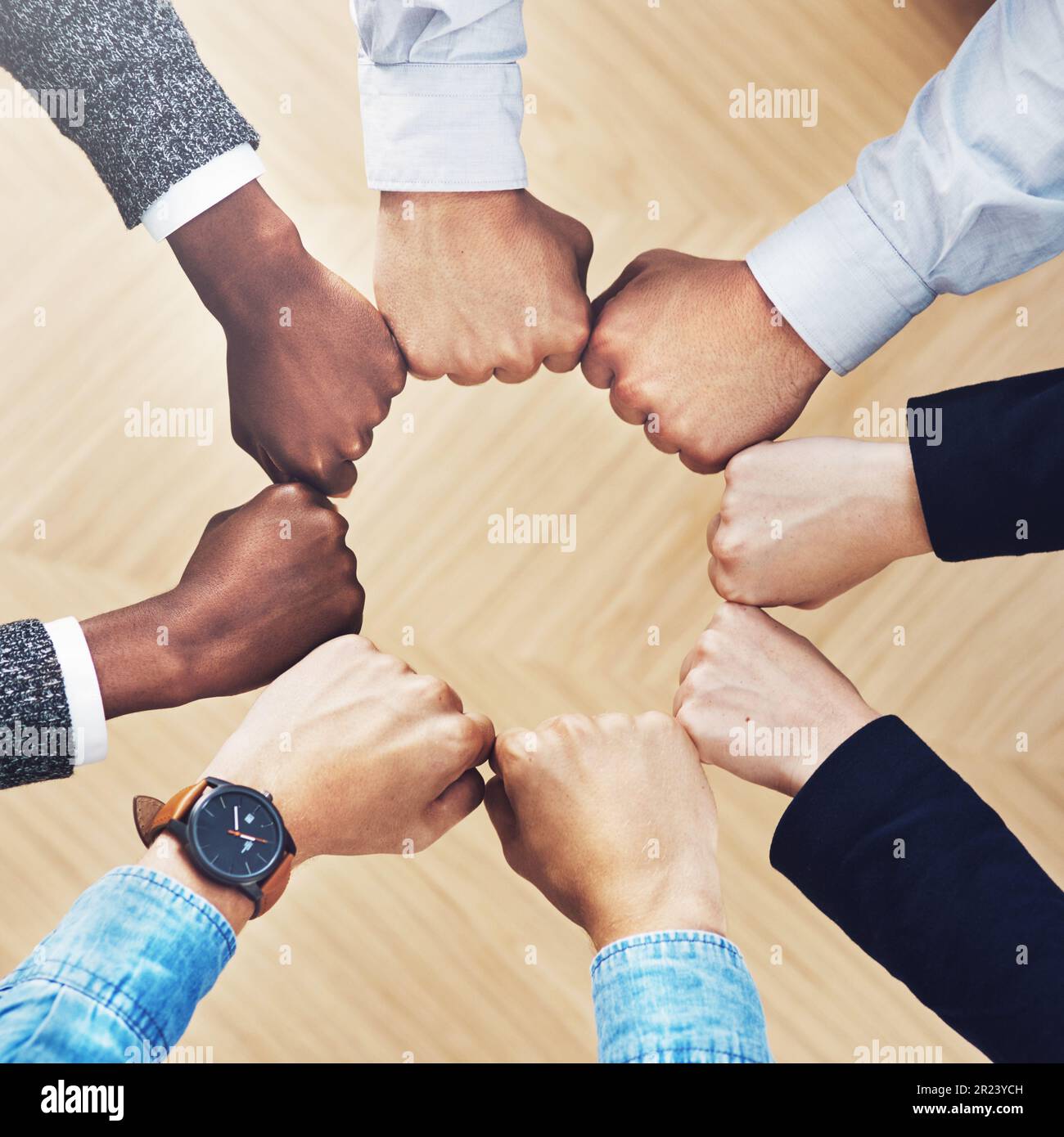 Team building, fist bump or hands of business people for diversity ...