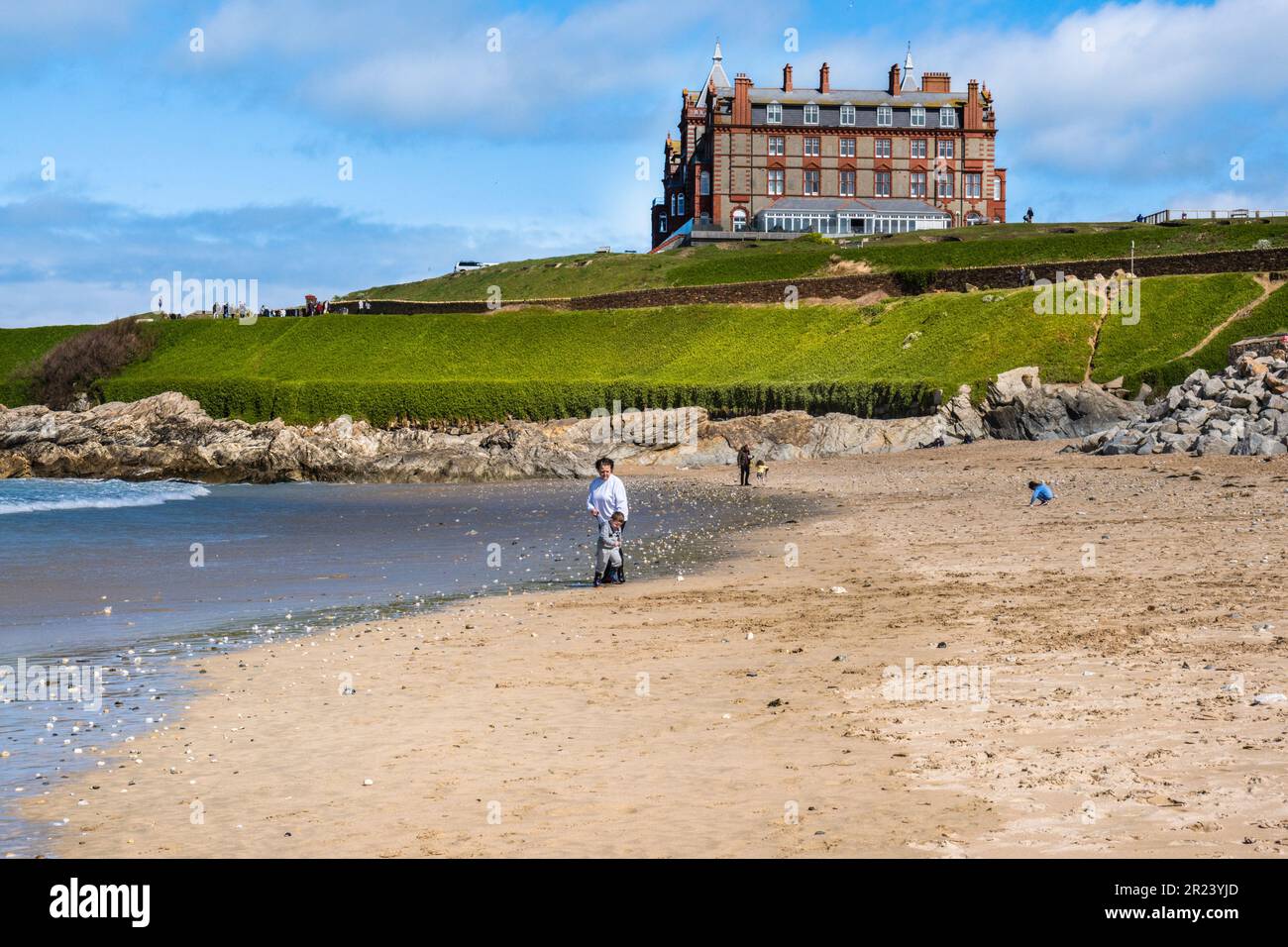 The iconic historic Headland Hotel overlooking Fistral Beach in Newquay ...