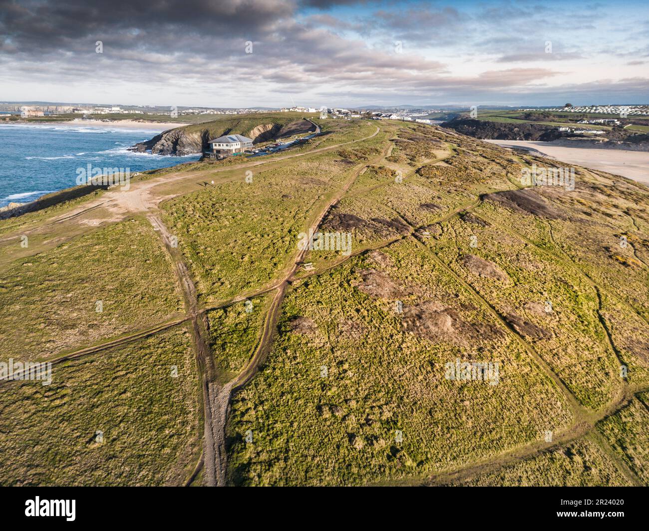 An aerial view of footpaths on the windswept and rugged The Warren on ...