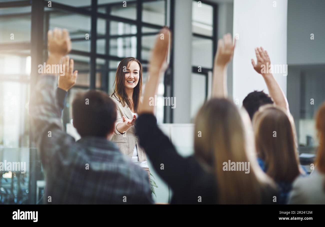 Happy audience, questions and business people at seminar, presentation ...