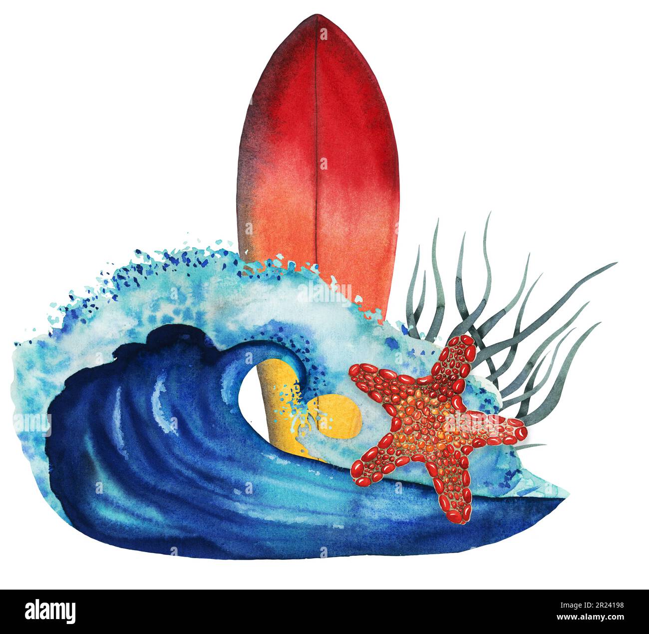 Composition of surf board red and yellow color with sea star, wave and ...