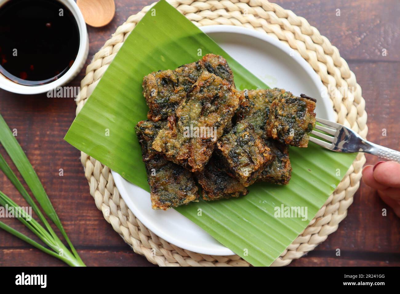 Deep fried Chive Dumplings at top view on wood table - In Thai called ...
