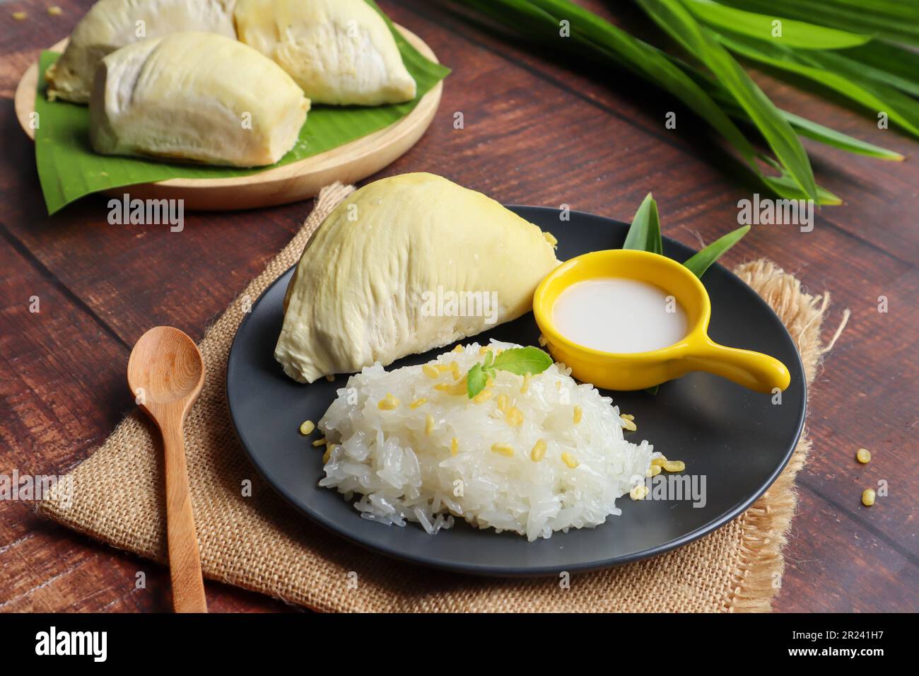 Durian sticky rice topped with mung bean and coconut milk - Thai ...