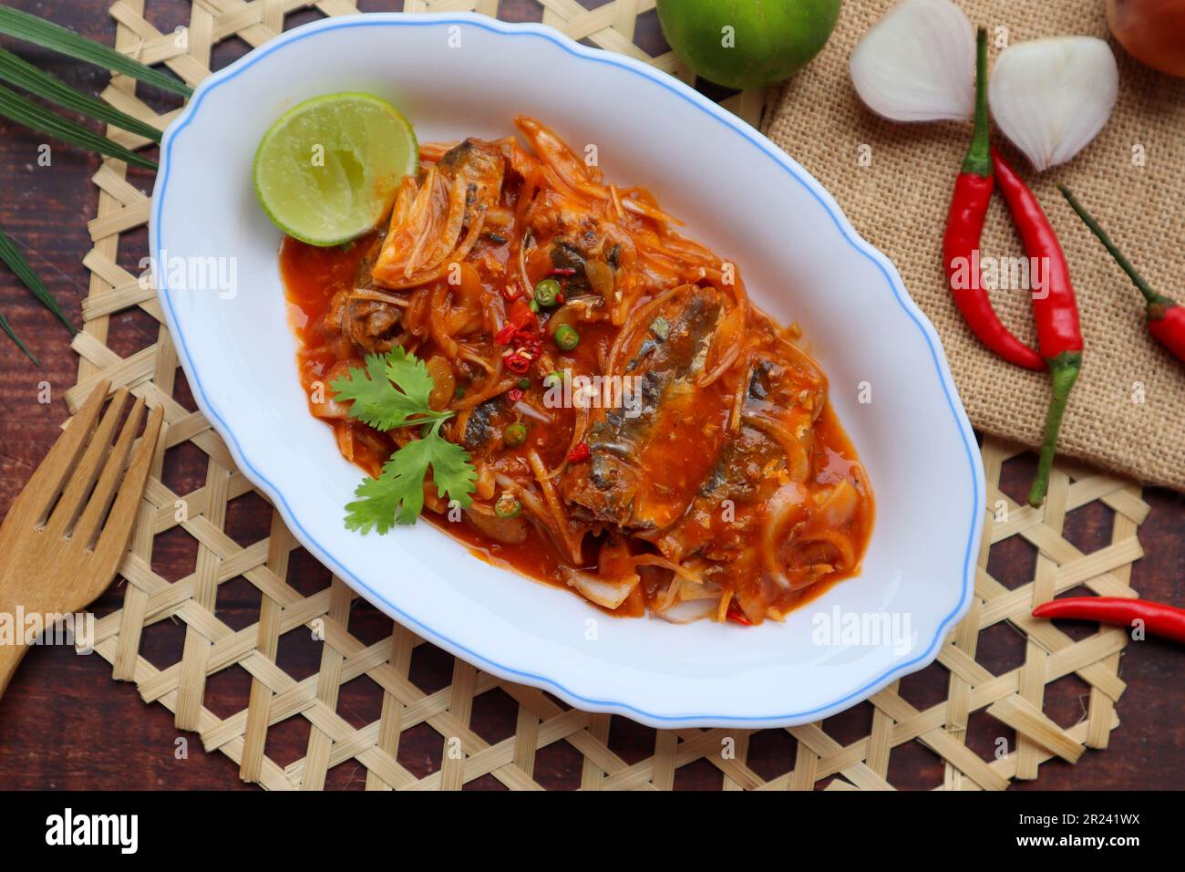 Spicy canned fish at top view - Thai food called Yum Pla Kapong Stock ...