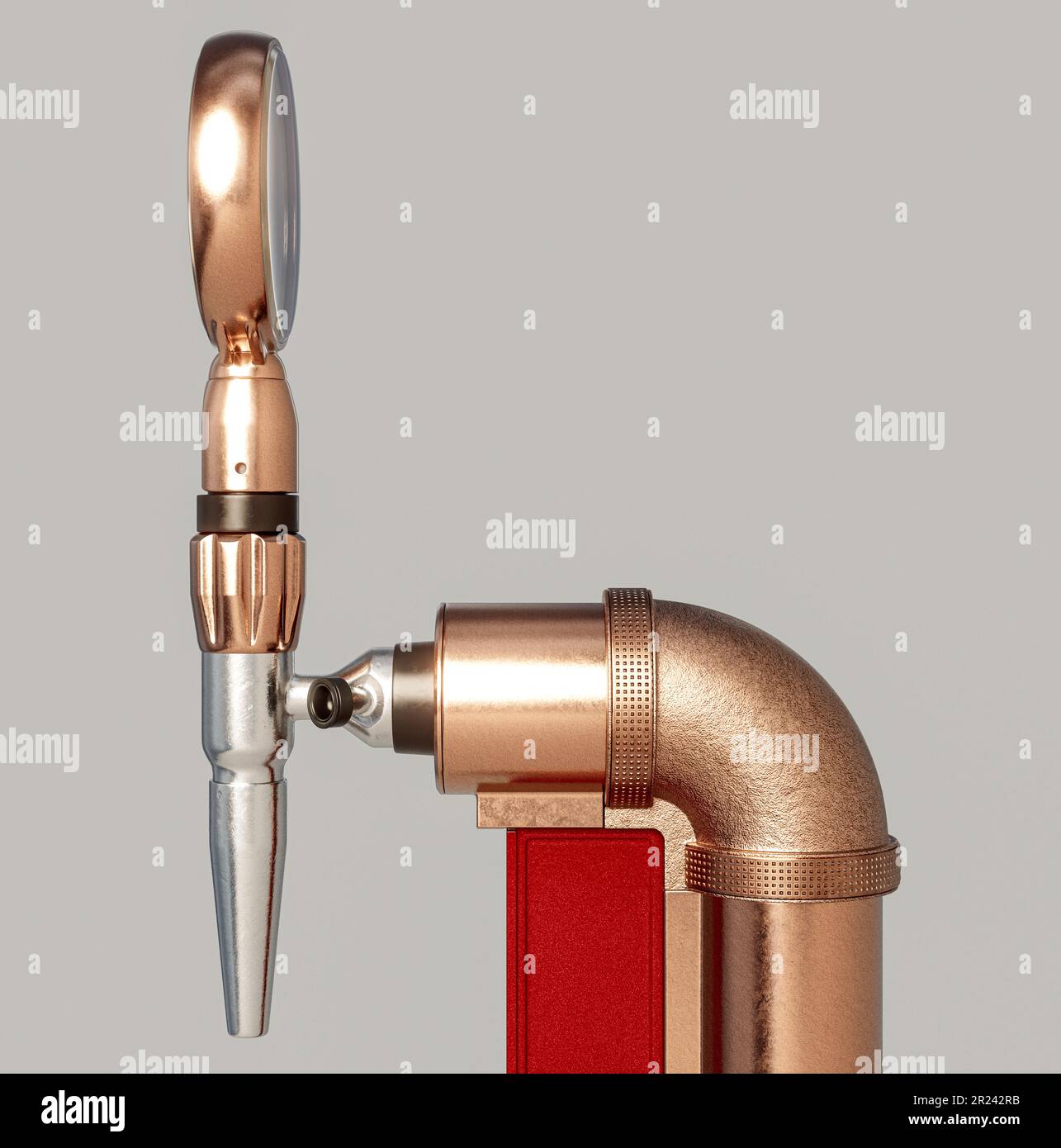 A concept steampunk themed copper draught beer tap on an isolated ...