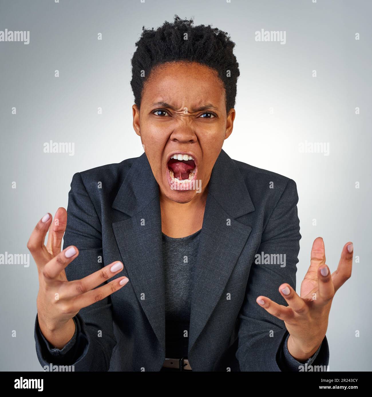 Anger, frustrated and portrait of black woman in studio for screaming, problem and crazy. Mental ...