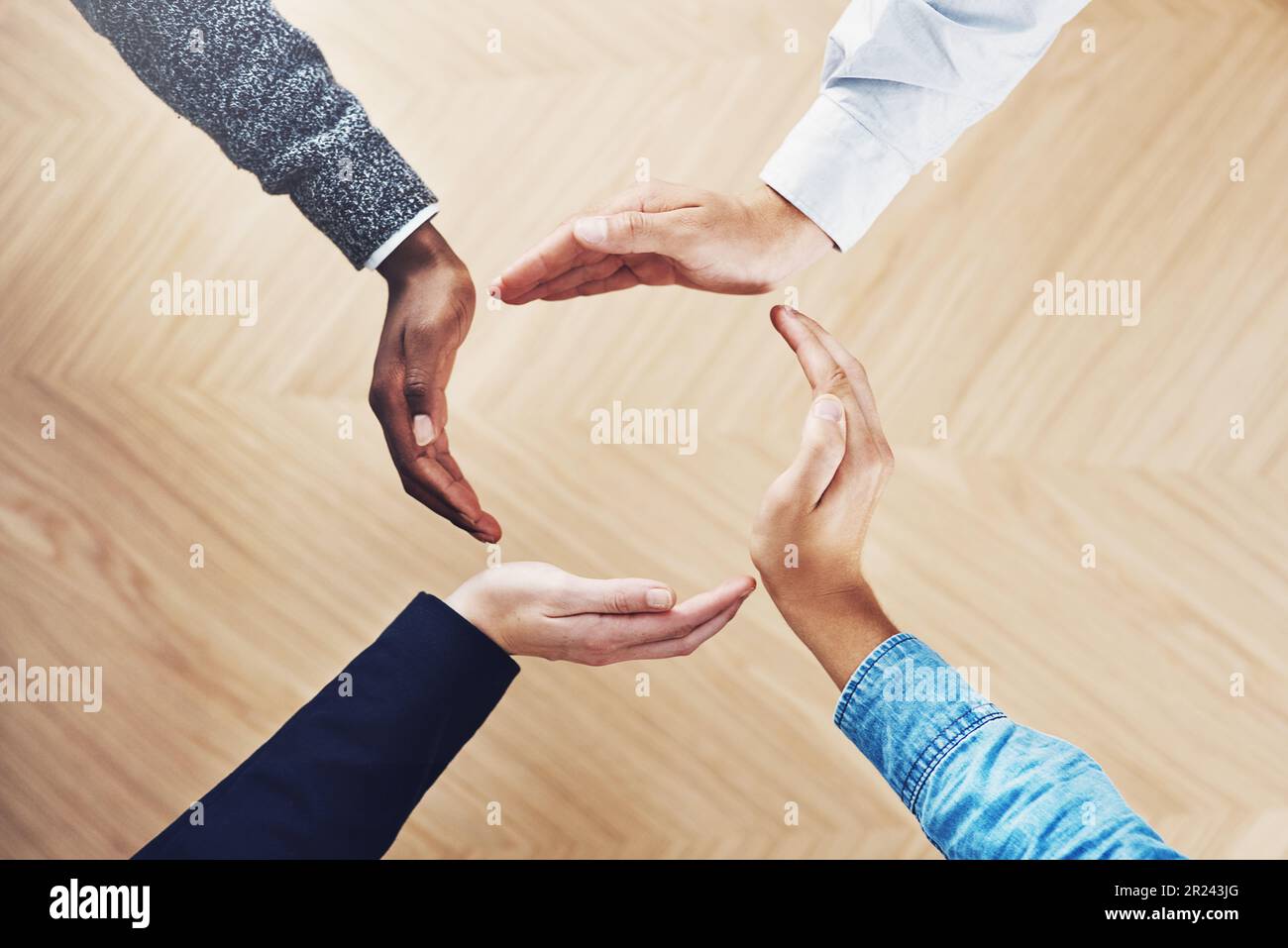 Teamwork, recycling or hands of business people in circle for ...