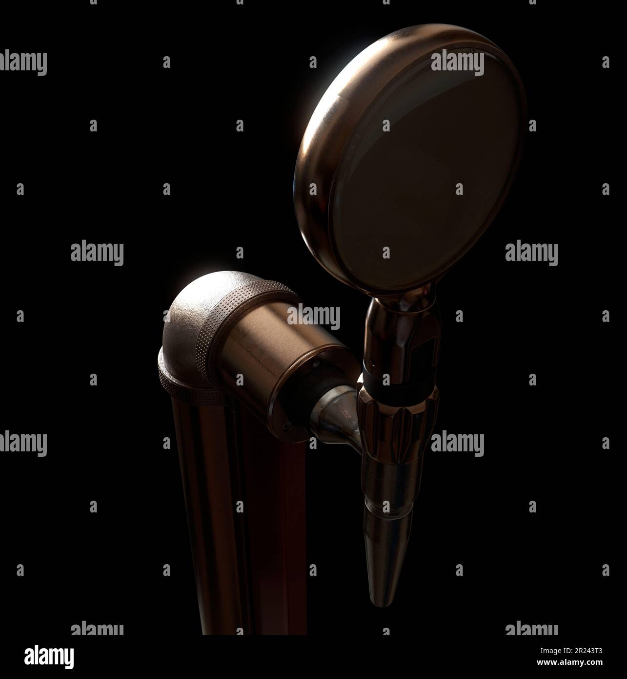 A concept steampunk themed copper draught beer tap on a dark isolated ...