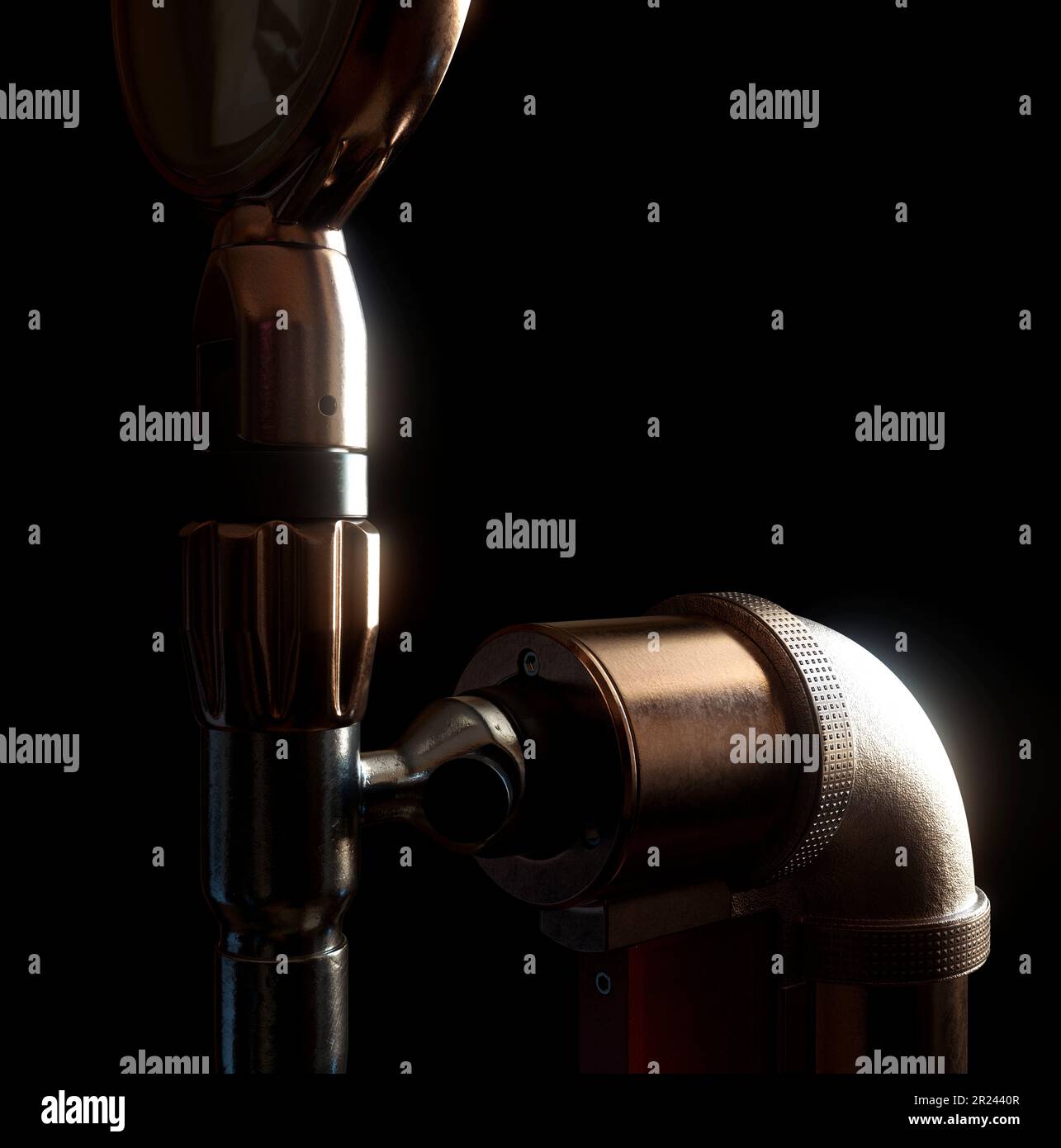 A concept steampunk themed copper draught beer tap on a dark isolated ...