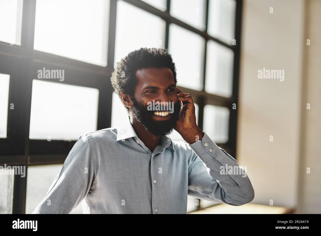 Idea, happy and communication business man at office with a smile or ...