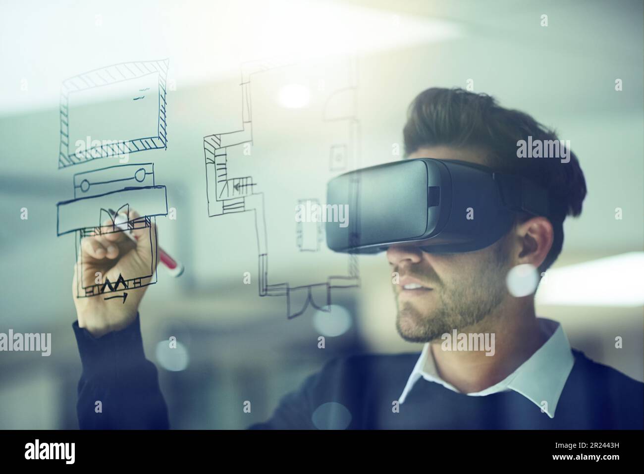 Architect, drawing and virtual reality for planning, blueprint on wall ...