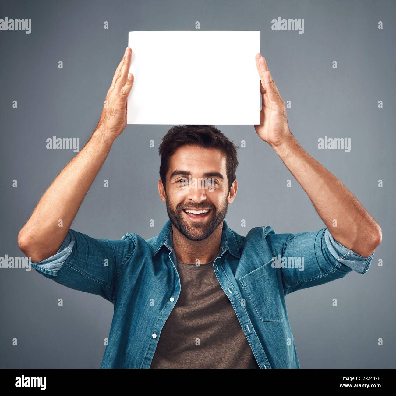Happy man, portrait and poster on mockup for advertising, marketing or ...