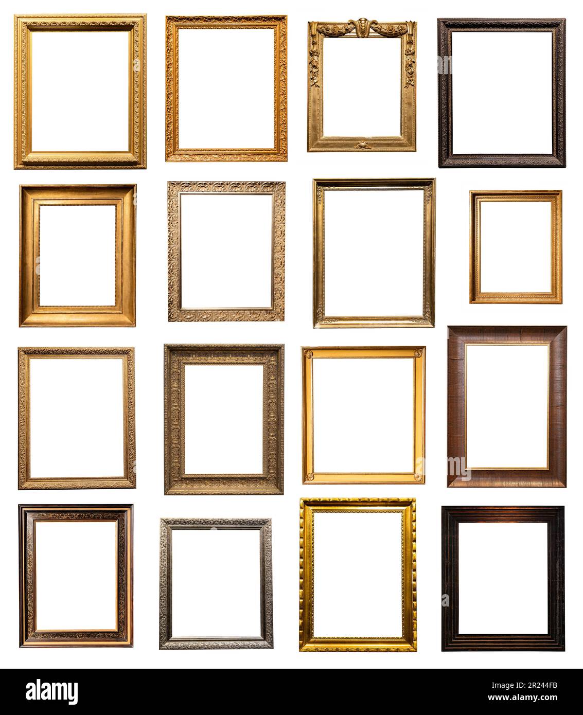 set of vertical old wooden picture frames isolated on white background ...