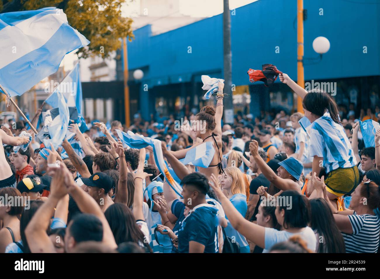The happy crowd of Argentinian people celebrating Fifa Qatar 2022 world ...