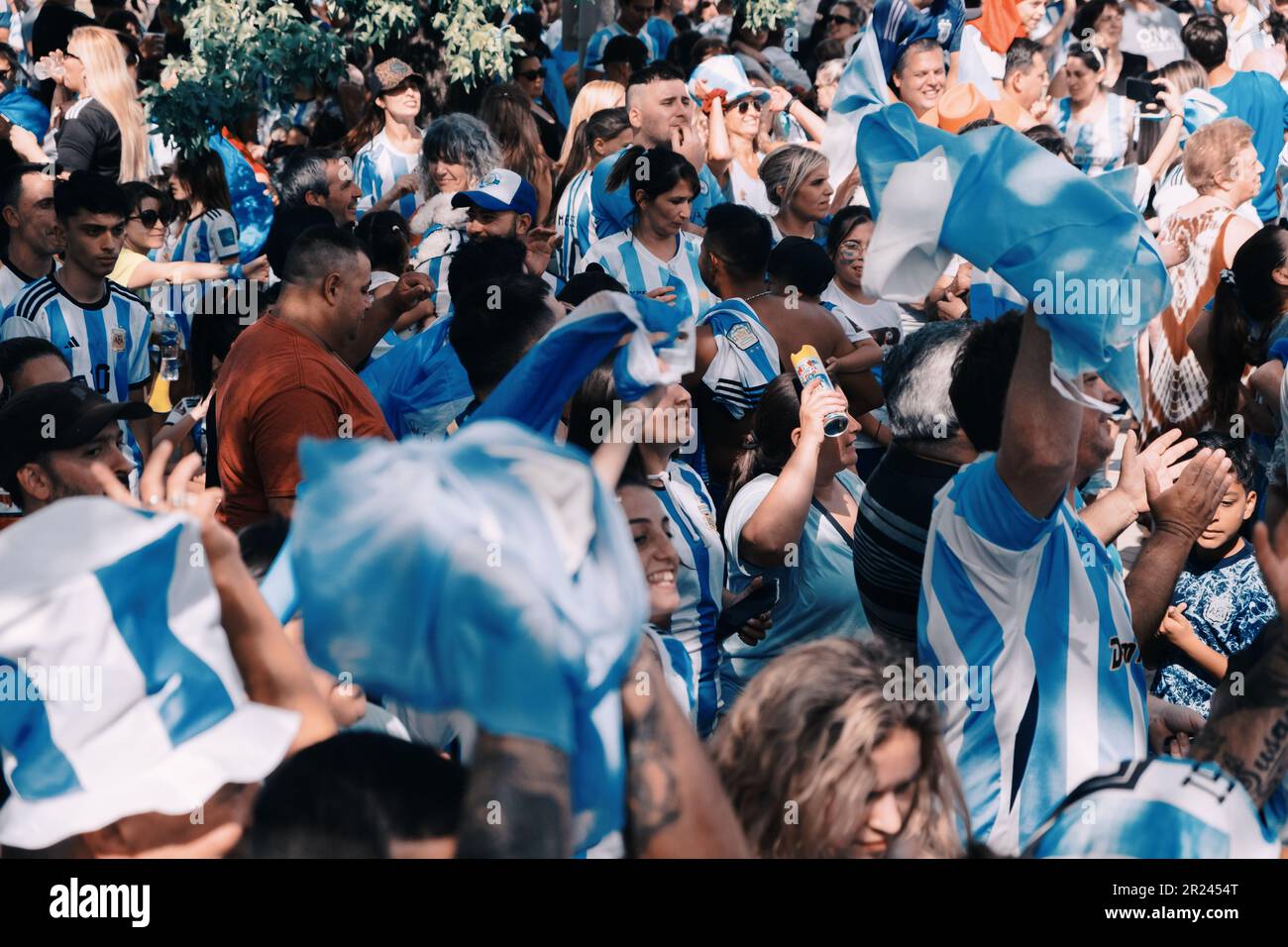 The happy crowd of Argentinian people celebrating Fifa Qatar 2022 world ...