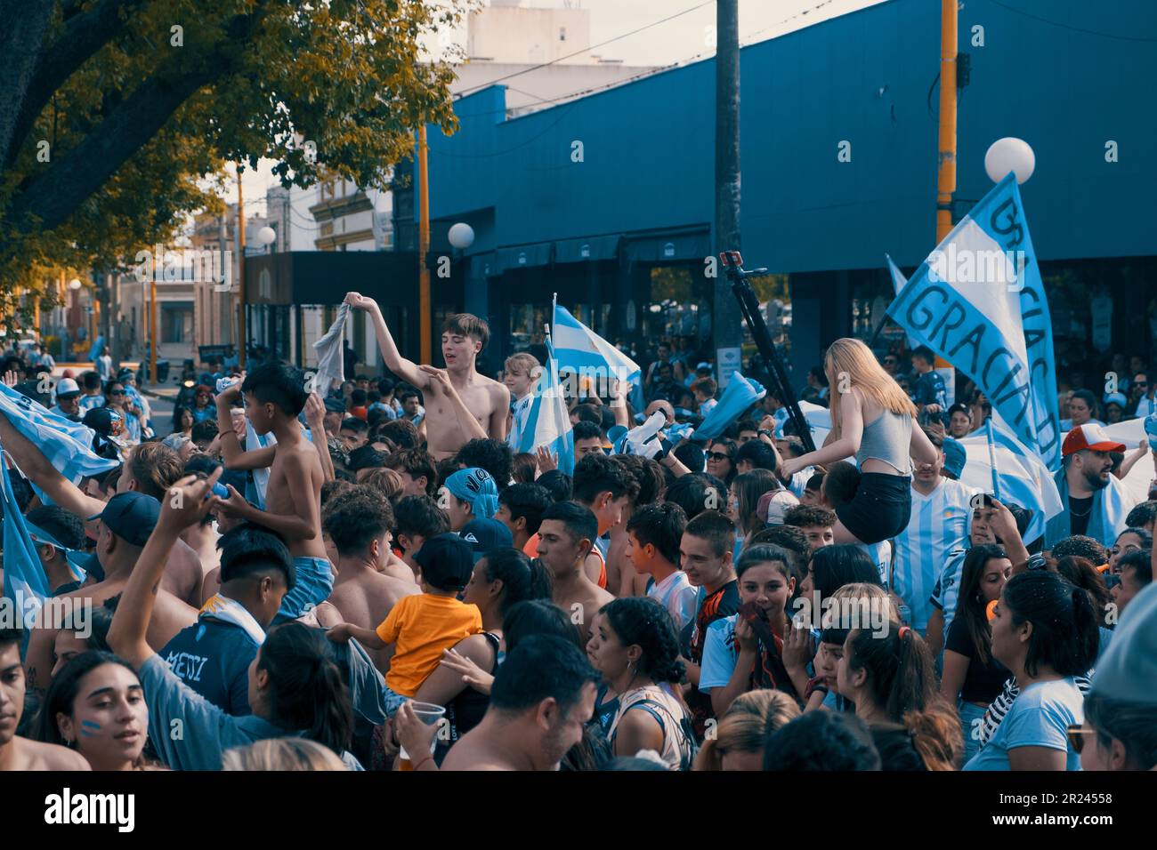 The happy crowd of Argentinian people celebrating Fifa Qatar 2022 world ...