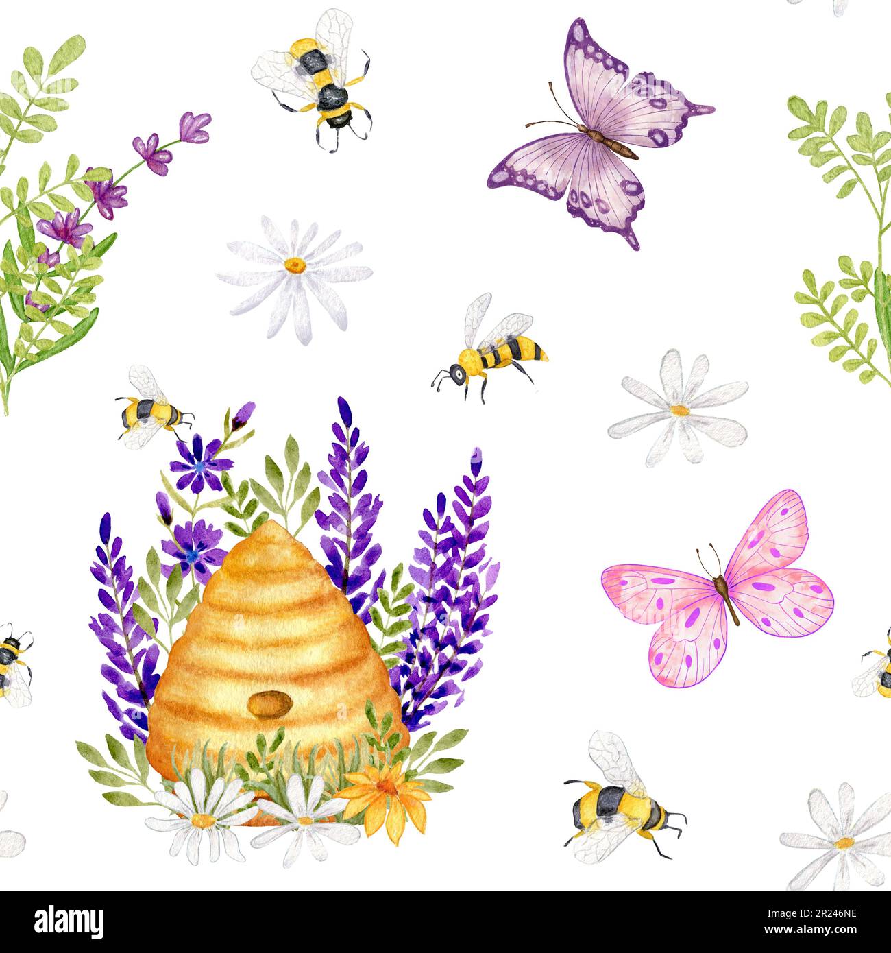 Butterfly and bees. Watercolor seamless pattern with butterflies, bees ...