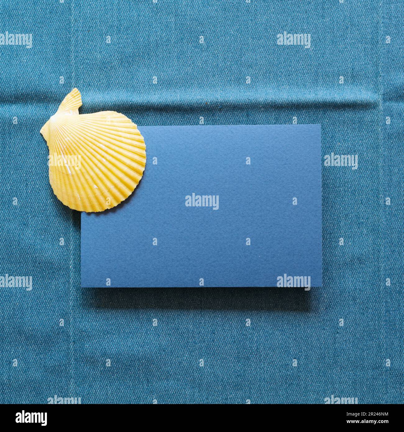 Blank memo paper with summer marine seashell on blue fabric background ...