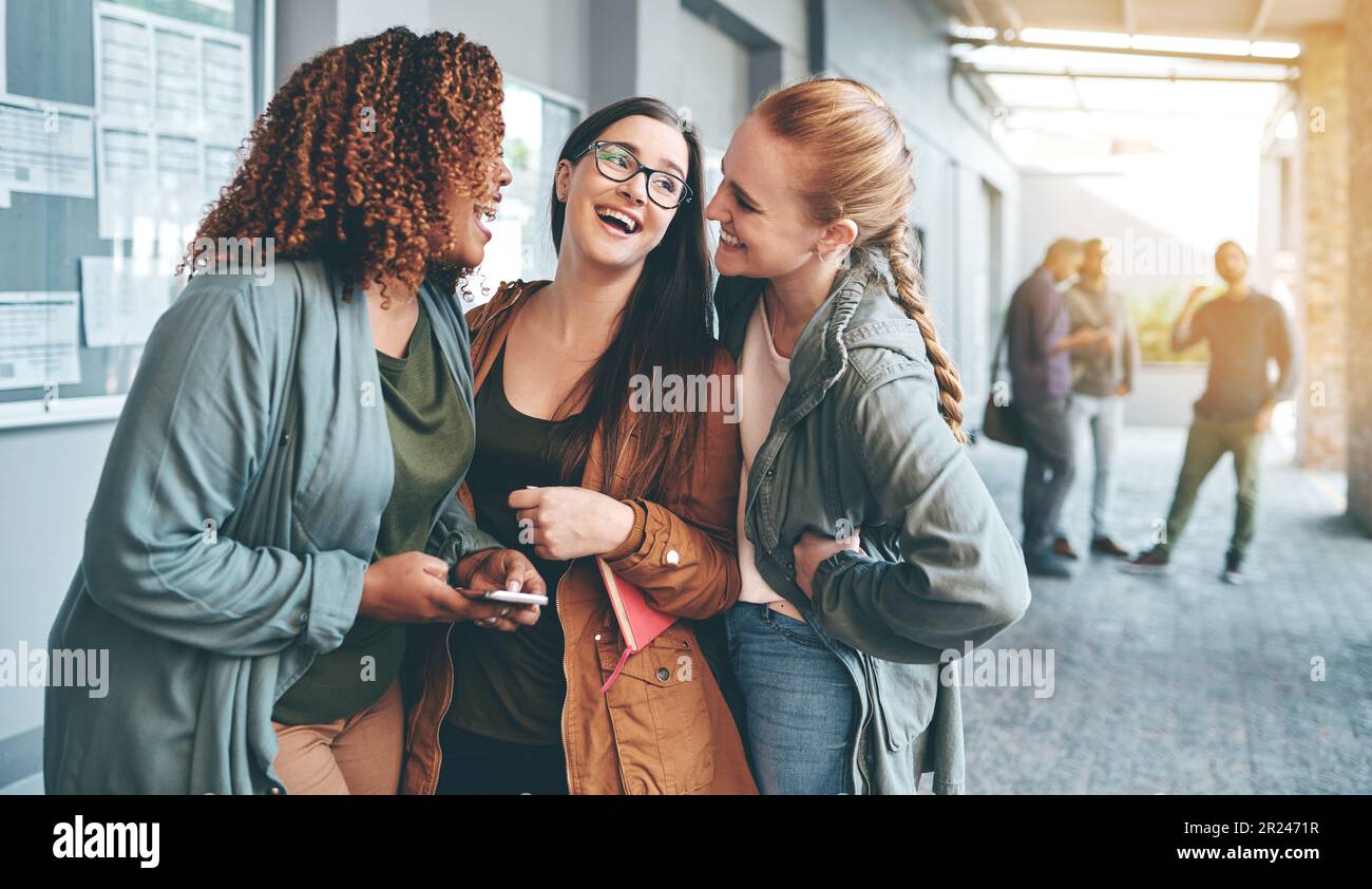 Communication, talking and girl friends laughing together outside a ...