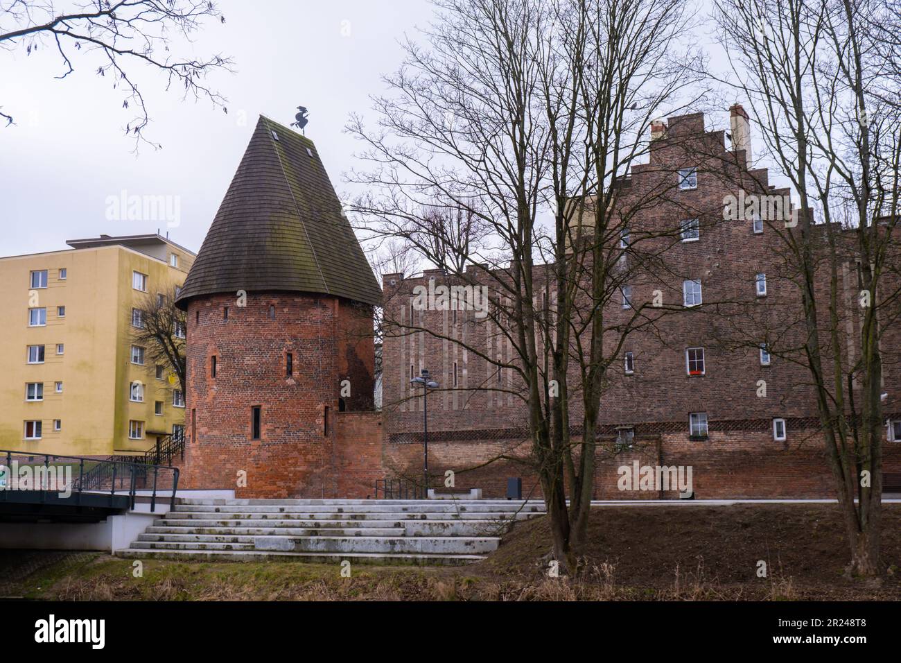 Round tower in the historic surrounding city wall of Slupsk, Poland ...