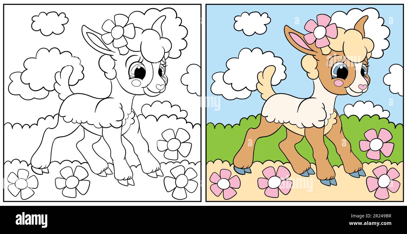Cute happy lamb in a blooming meadow. Vector cartoon illustration. Kids ...