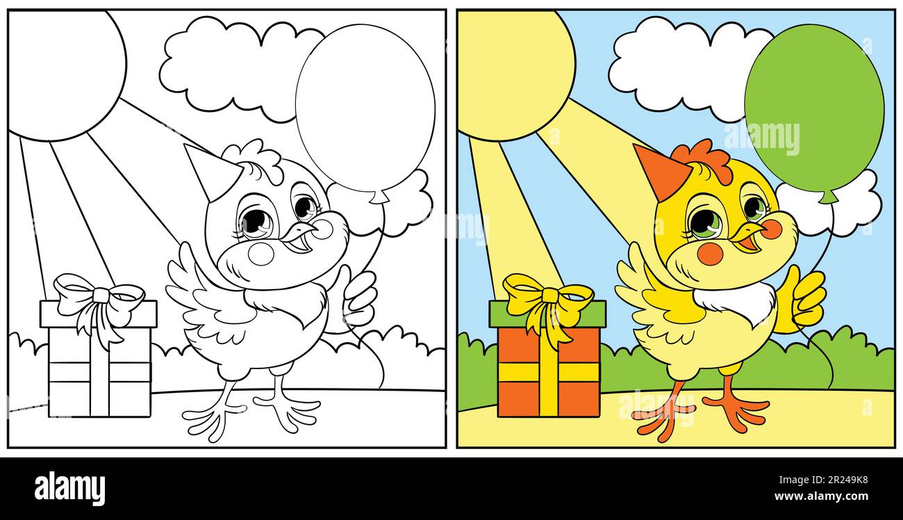 Cute happy chicken wth balloon. Vector cartoon illustration. Kids ...