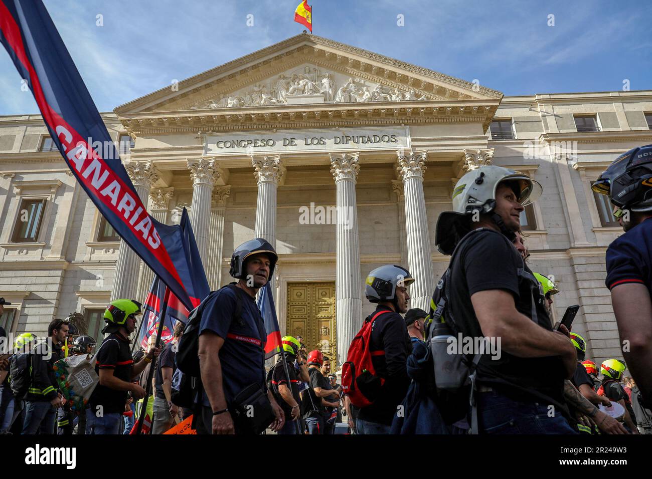 Madrid, Spain. 16th May, 2023. A group of firefighters march in front ...