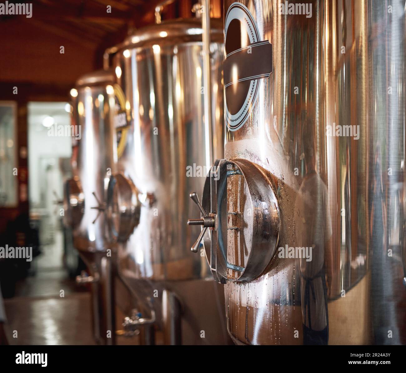 Big fermentation tanks, beer and factory with industry, container and ...